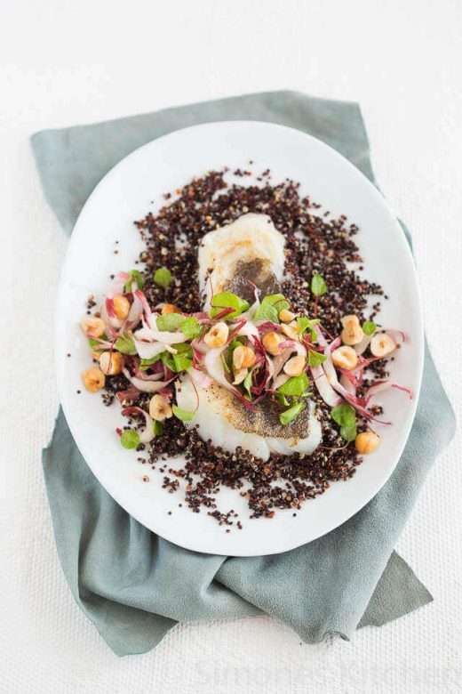 Cod with red chicory, black quinoa and hazelnuts | Simone's Kitchen