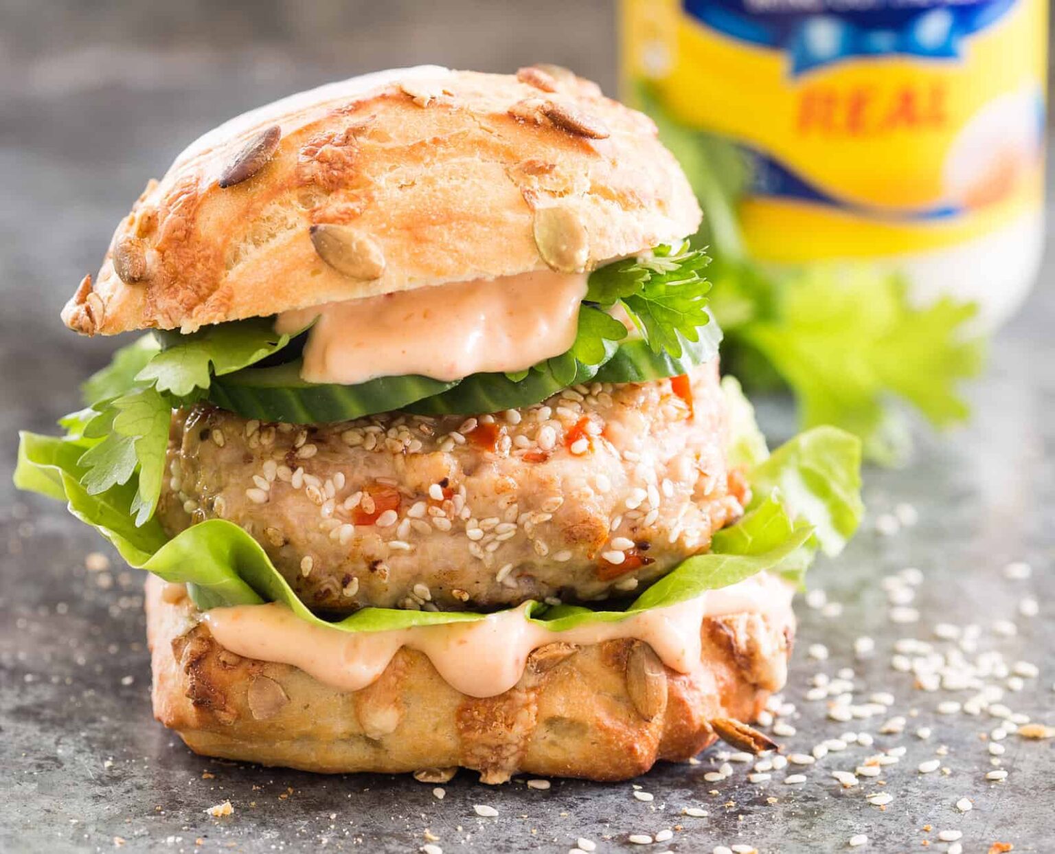 Asian chicken burger with spicy mayonnaise