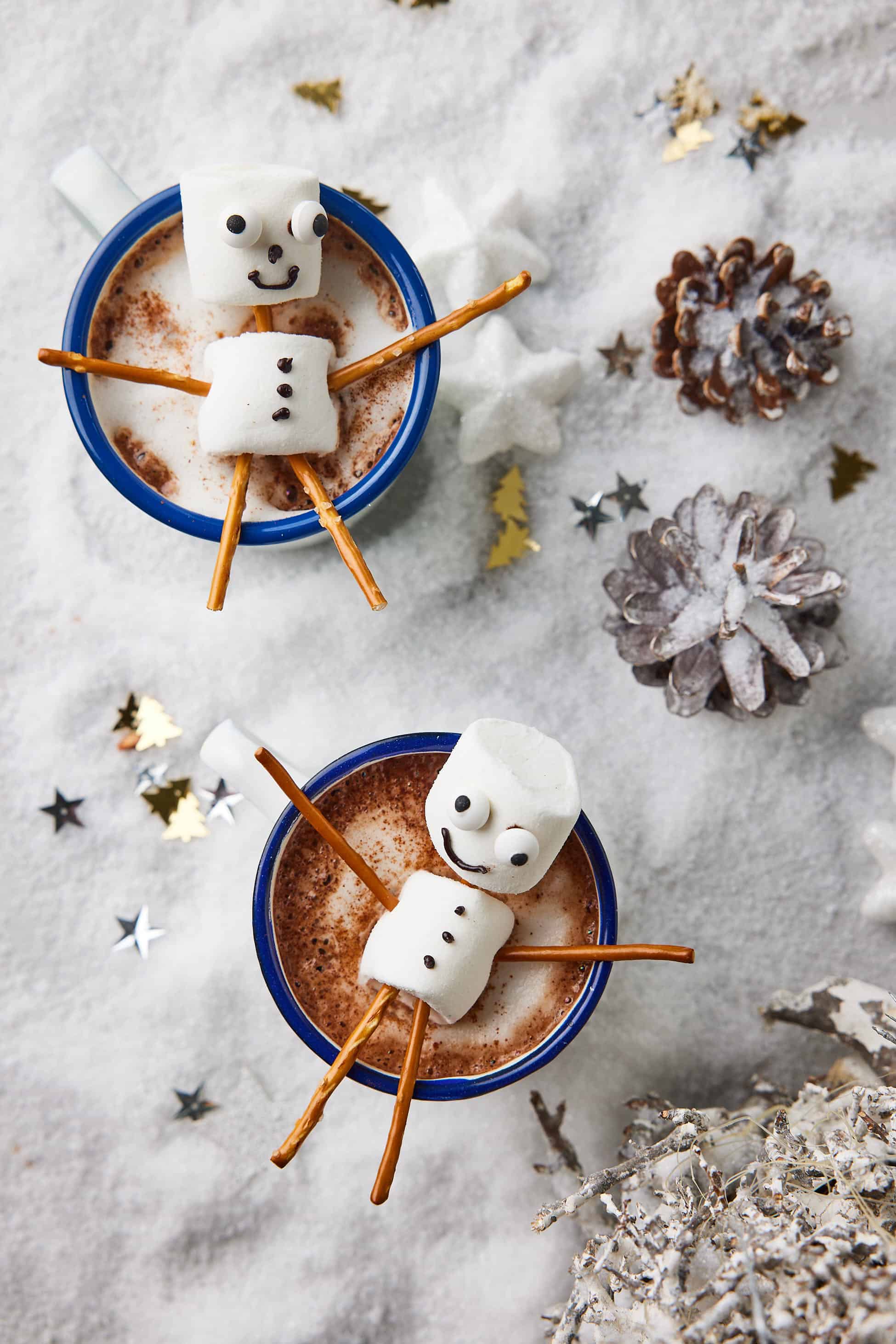 Hot chocolate with marshmallow puppets