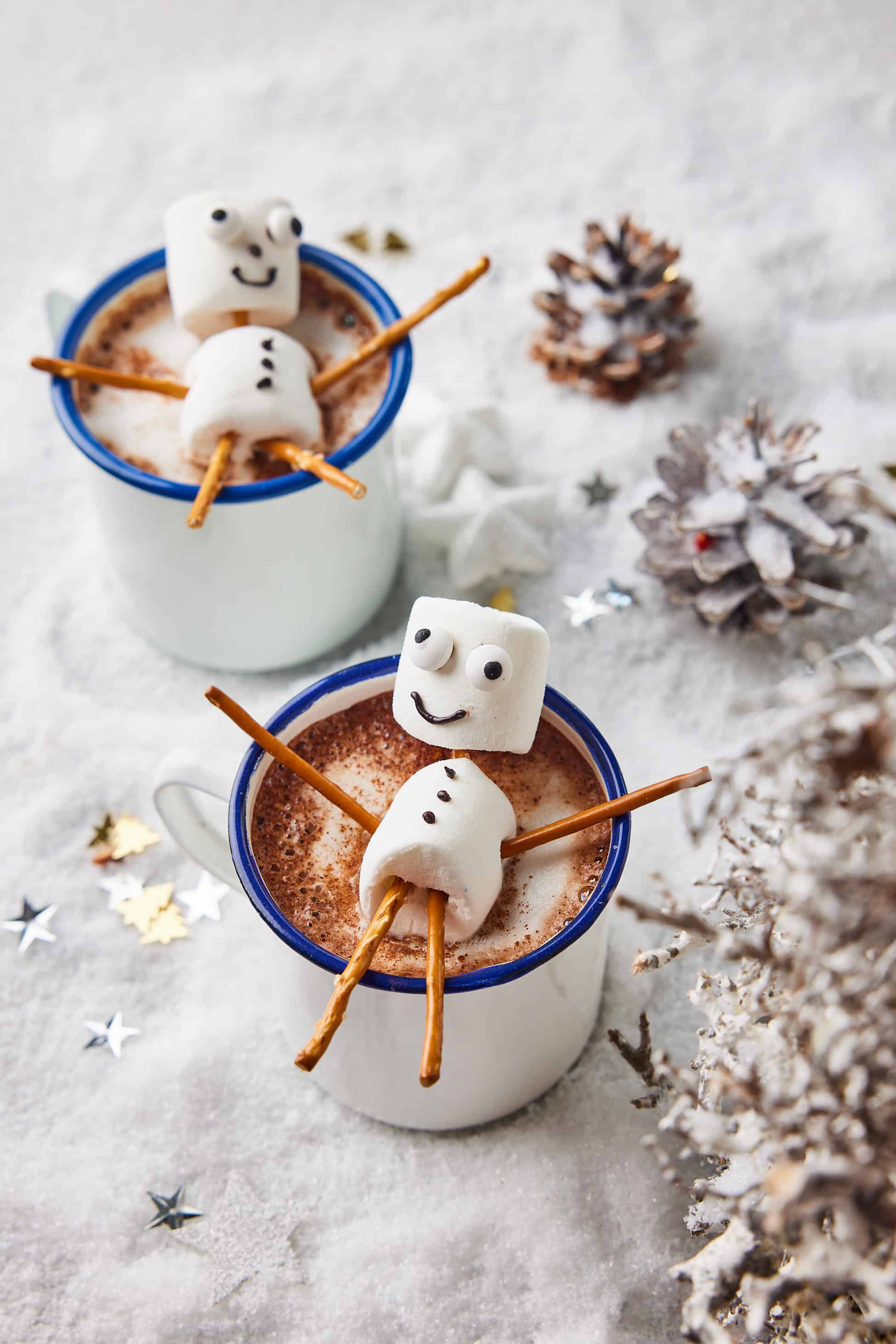 Hot chocolate with marshmallow puppets