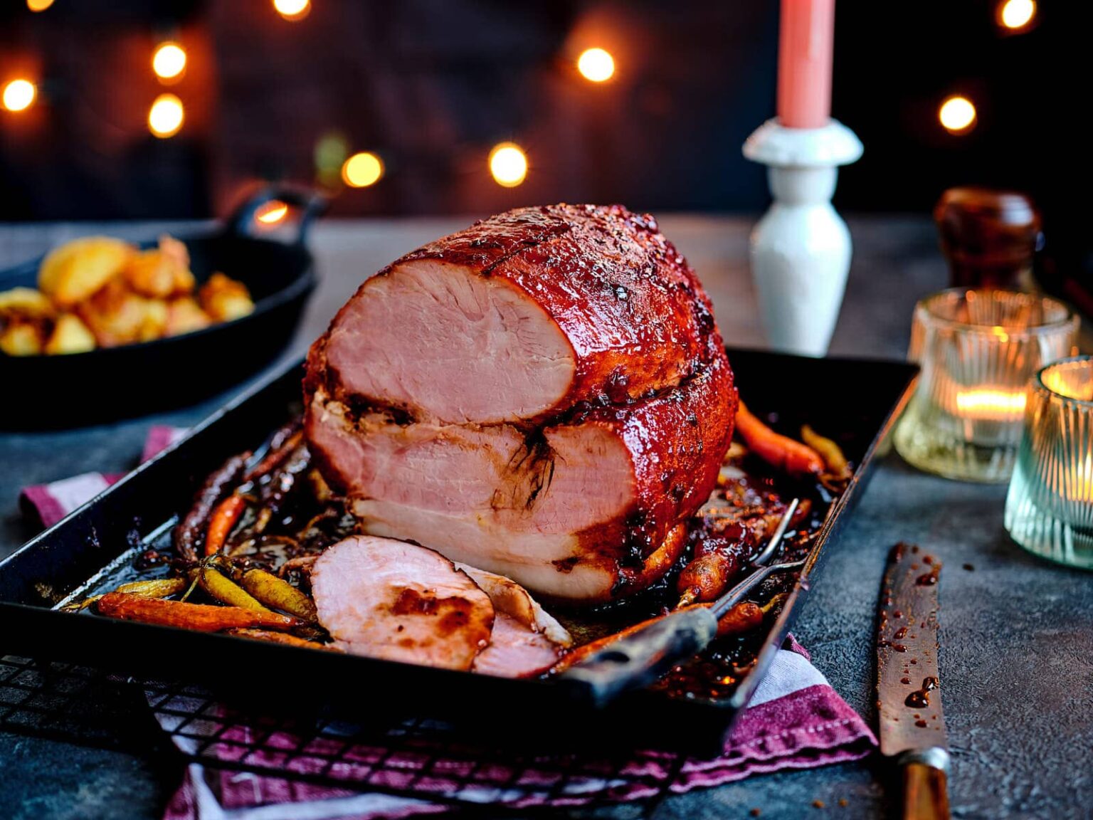 Oven baked ham with a chipotle cranberry glaze